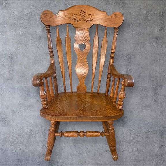 Traditional Oak Wood Rocking Chair with Carved Heart and Flower Motifs ...