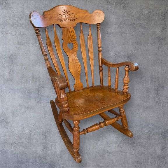 Traditional Oak Wood Rocking Chair with Carved Heart and Flower Motifs ...