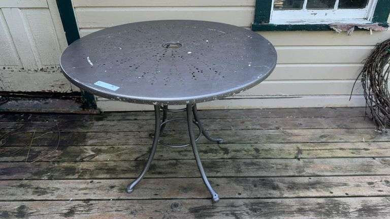 36" Gray Metal Outdoor Patio Table, Perforated Top, Four-legged Base ...