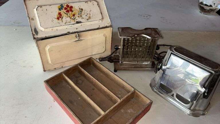 Vintage Electric Toasters, Metal Bread Box, Wood Silverware Holder ...