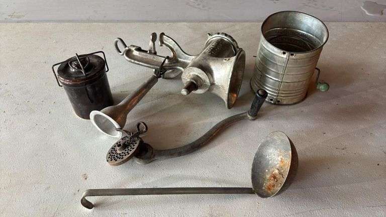 Vintage Chop-Rite Meat Grinder & Kitchen Utensils Set, Metal & Glass ...