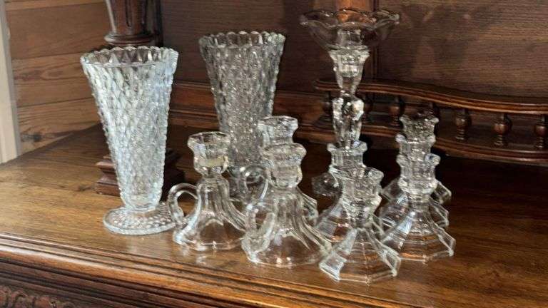 Elegant Diamond Cut Glassware Set with Vases and Candlestick Holders ...