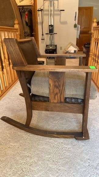 Antique Craftsman Rocking Chair, Wooden Frame, Leather & Fabric ...