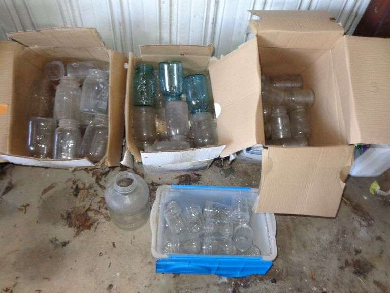 3 cardboard boxes canning jars (Ball, Kerr, Presto) most are clear ...