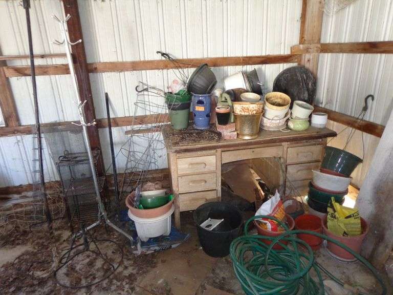 Large group gardening items - plastic flower pots, hens & chicks pot ...