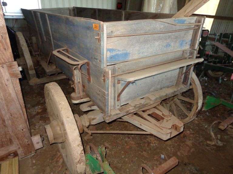 horse drawn box bed wagon with wooden spoke steel banded wheels, see ...