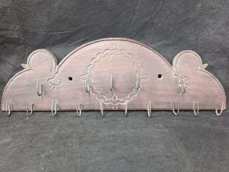 Antique Coat/Hat Rack, Made From Carved Board & Fish Hooks, Circa 1890 ...