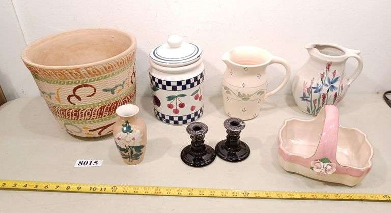 Pottery including large Robinson Ransbottom planter, pitchers, cookie ...