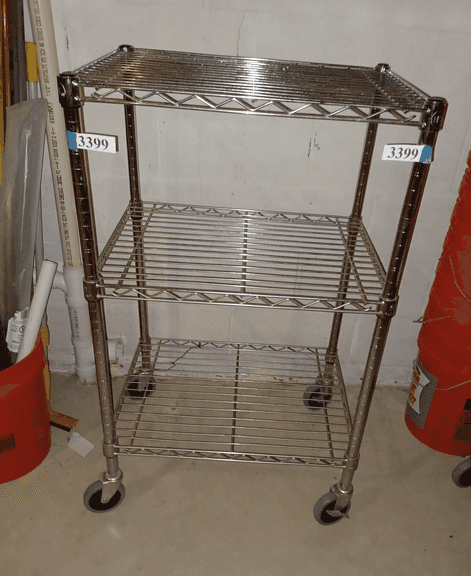 Chrome rolling restaurant style shelving unit with locking casters - Mark Van Hook, Auctioneer
