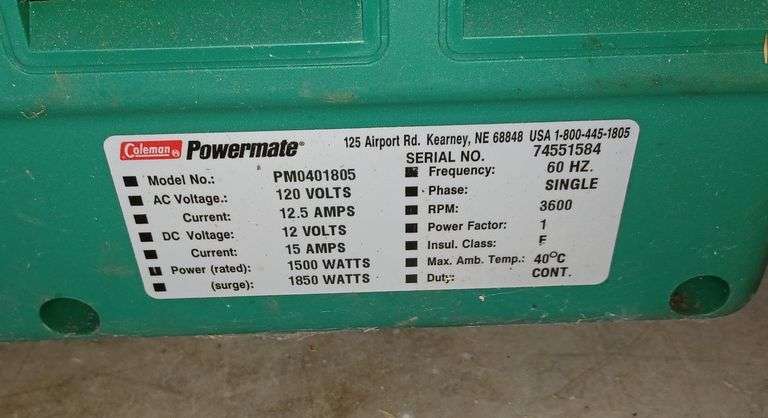 Coleman Powermate 1850 portable generator - Mark Van Hook, Auctioneer