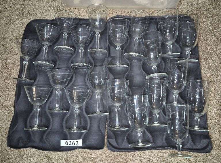 Three sizes of etched stemware - Mark Van Hook, Auctioneer
