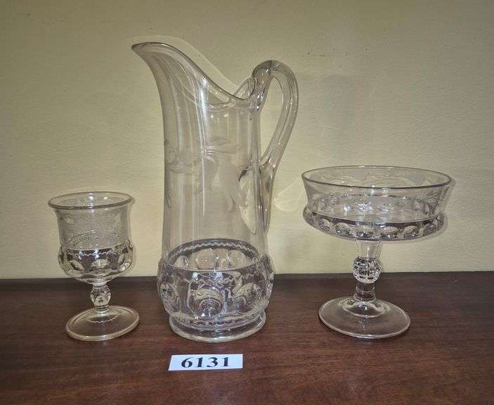 King's Crown pattern glass etched pitcher, compote and stem - Mark Van ...