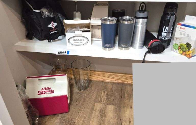Travel mugs including Yeti, small coolers, thermos, ice crusher, salt ...