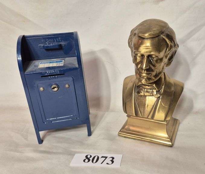 Metal bust of Lincoln, U.S. mail box Coin Bank - Mark Van Hook, Auctioneer