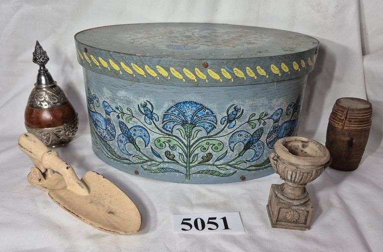 Decorated oval wooden box, perfume bottle, door knocker, wood barrel ...