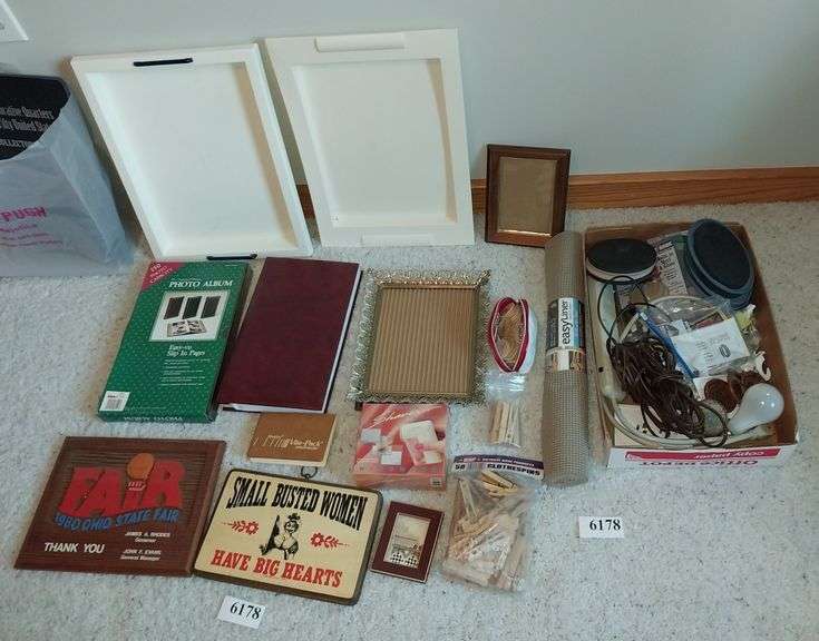 Plastic tray tables, photo albums, picture frames, plaques, clothes ...