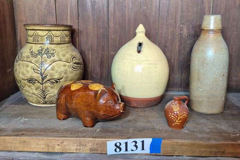 Redware vase, Pottery coin bank, stoneware bottle, Pottery piggy bank ...