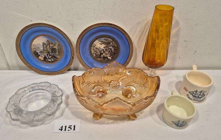 Scenic plates, yellow glass centerpiece bowl and vase, glass bowl with ...