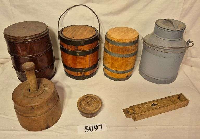 Small barrels, butter pat, pencil box, small tin can, Etc - Mark Van ...