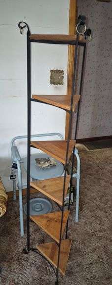 Wrought iron triangular stand with wood shelves - Mark Van Hook, Auctioneer