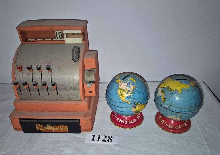 Metal Tom Thumb toy cash register, two metal toy globe coin banks ...