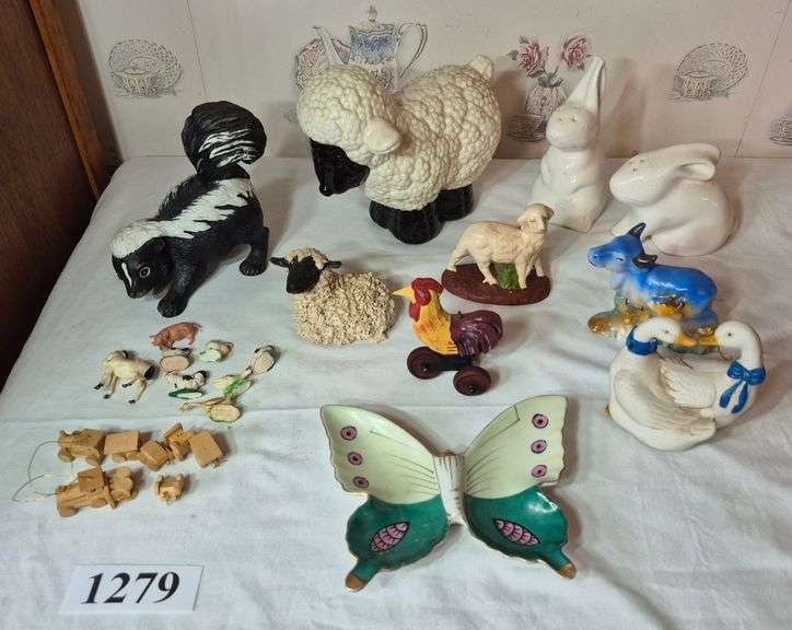 Animal figurines, butterfly ashtray, miniatures, miniature wood train ...
