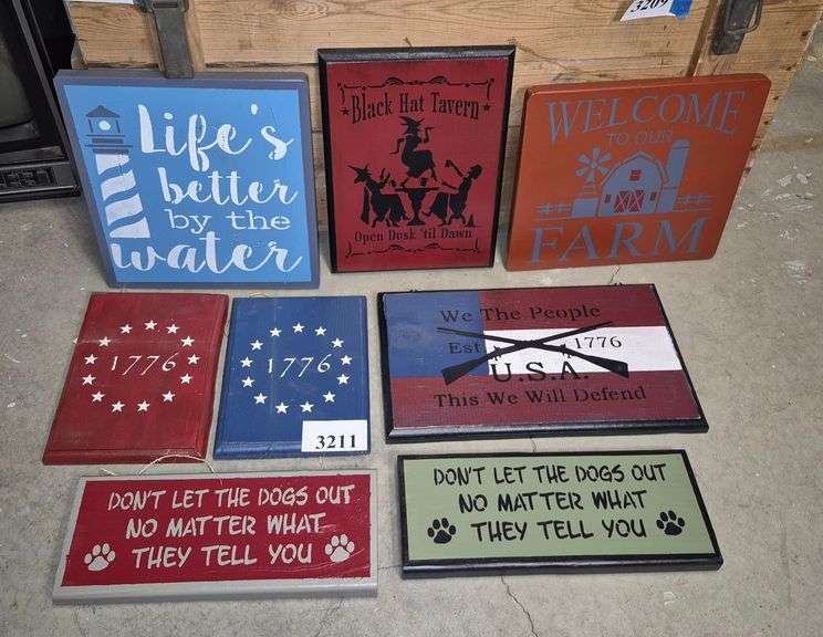 8 Hand painted wood wall signs - Mark Van Hook, Auctioneer