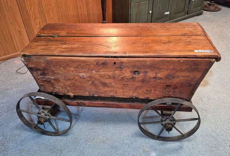 Lift lid dough box with rope handles on primitive cart - Mark Van Hook ...