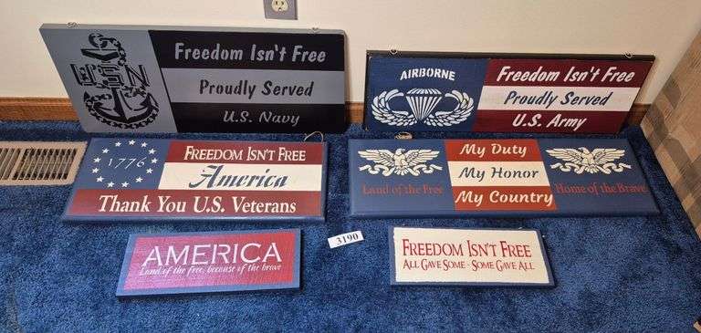 Six hand made patriotic wood hanging signs - Mark Van Hook, Auctioneer