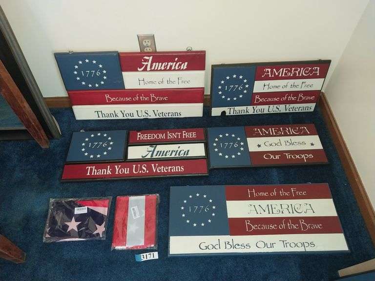 5 hand made wood patriotic hanging signs, 2 flags - Mark Van Hook ...
