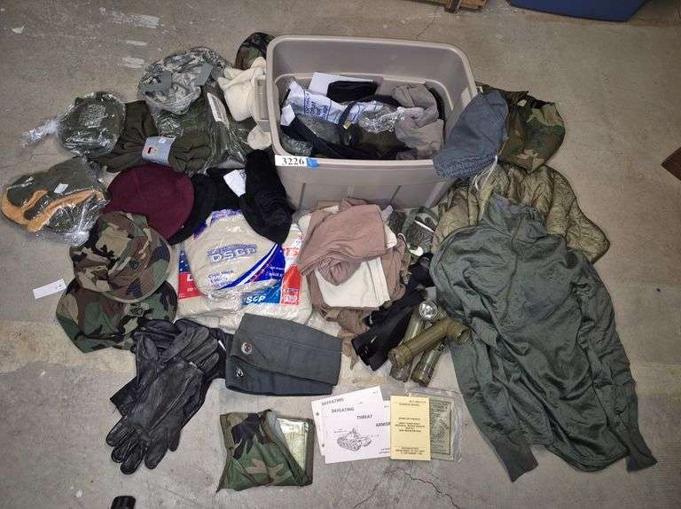 Military surplus including hats, t-shirts, gloves, cold weather gear ...