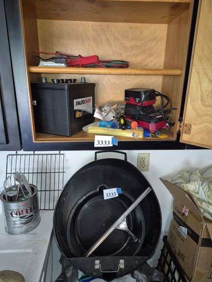 Oil drain pans, 6 volt farm and truck battery, Craftsman 19.2 volt ...