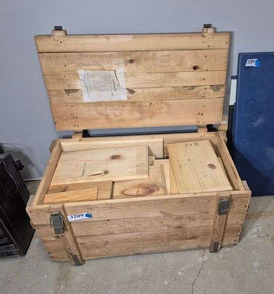Wood crate full of cut but unfinished wood - Mark Van Hook, Auctioneer