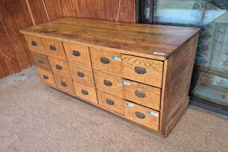 Antique oak General Store counter with drawers - Mark Van Hook, Auctioneer
