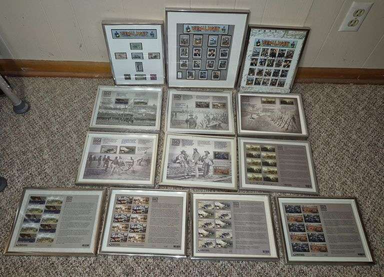 Framed Civil War stamp sheets - Mark Van Hook, Auctioneer