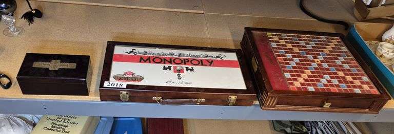 Deluxe edition Scrabble and Monopoly games, Domino's in fancy wood box ...