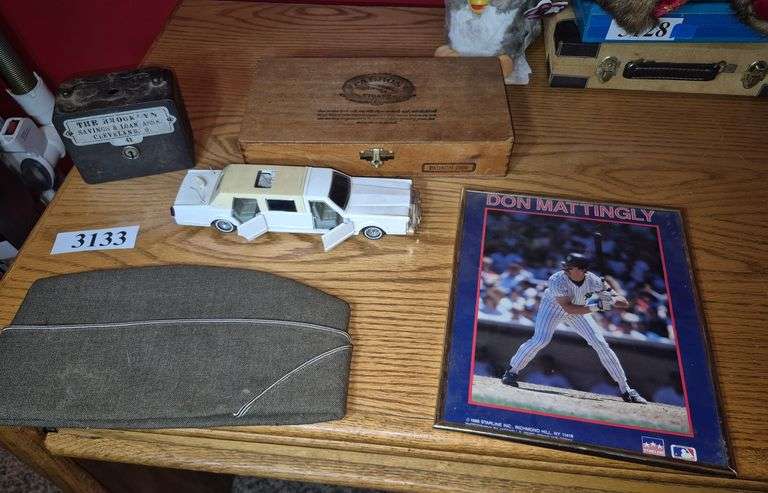 Vintage coin bank, military hat, diecast limousine, Don Mattingly photo ...