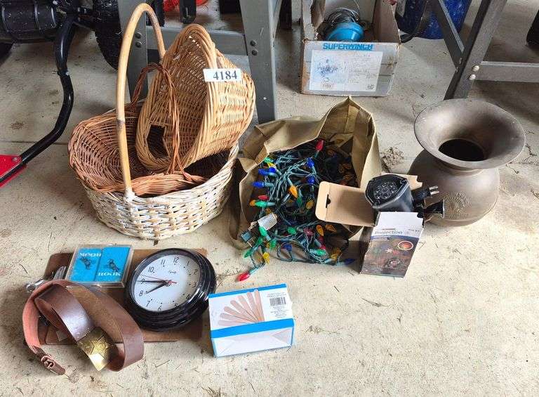 Brass spitoon, Baskets, Christmas lights and projector, USSR belt ...