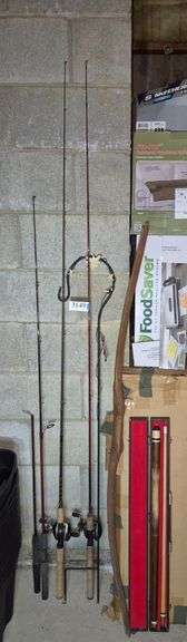 Fishing rods and reels, wood bow, pool cue in case, shepherd's hook ...