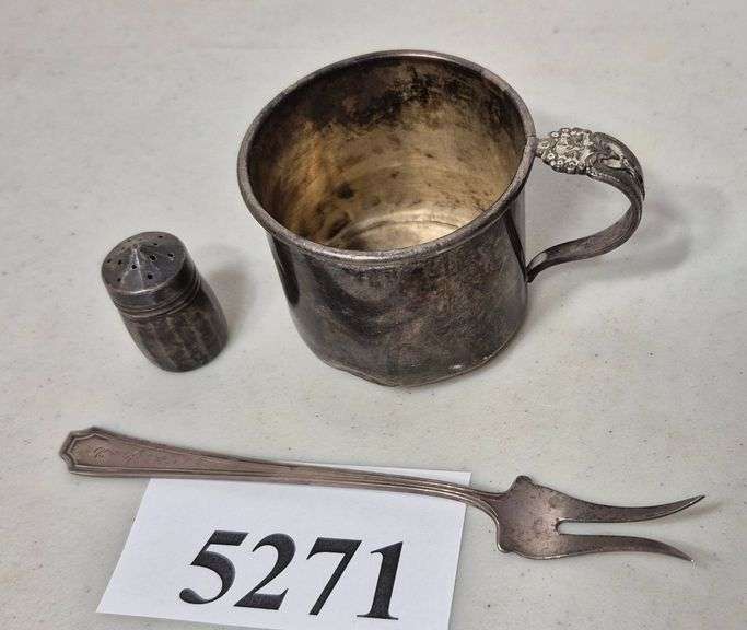 Sterling silver baby cup, individual saucer, pickle fork - Mark Van ...
