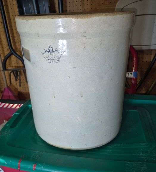 5 gallon crock with crown logo - Mark Van Hook, Auctioneer