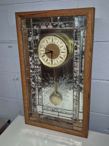 Oak frame etched and leaded glass battery operated wall clock - Mark ...
