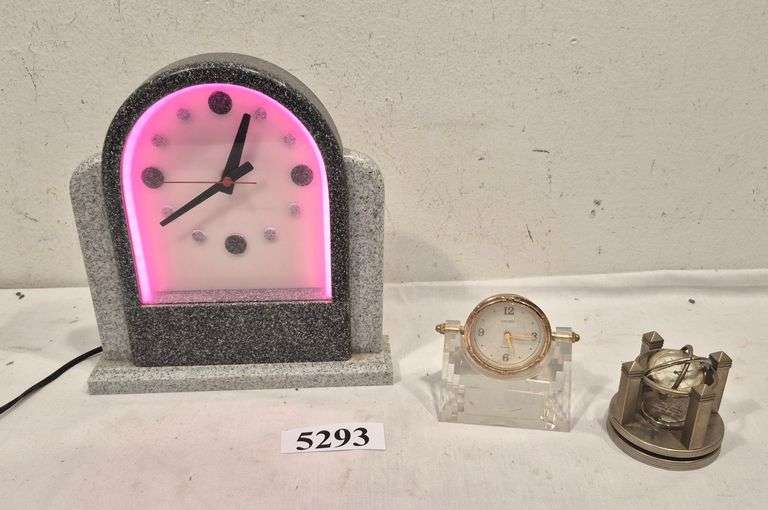 Neon clock, two small clocks - Mark Van Hook, Auctioneer