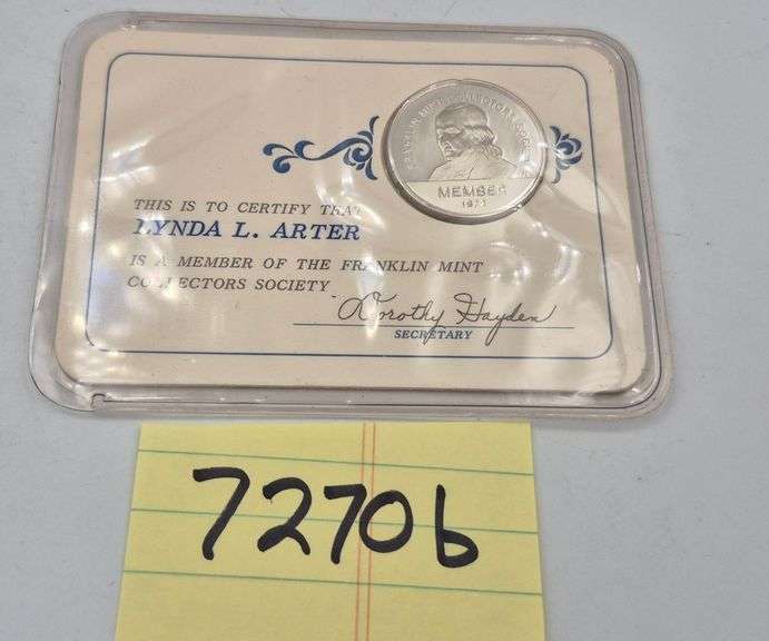 1972 Franklin Mint membership card and sterling silver coin - Mark Van ...