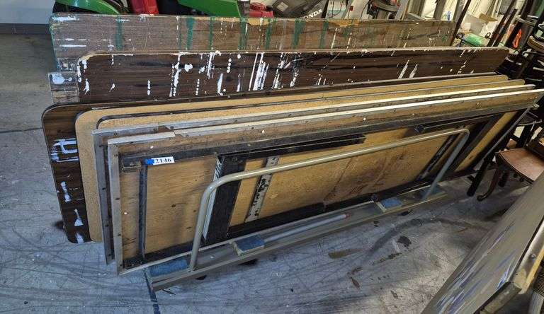 Wood and laminate 8 ft folding tables on metal cart - Mark Van Hook ...