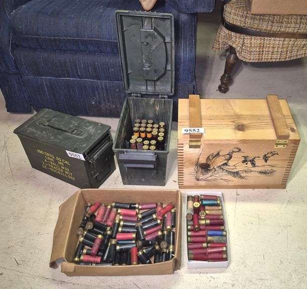 12 gauge shells, ammunition crates, wood box - Mark Van Hook, Auctioneer