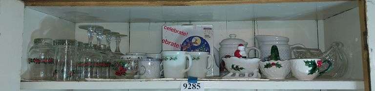 Christmas glassware, mugs, plates, teapot and pitcher, Lefton basket ...