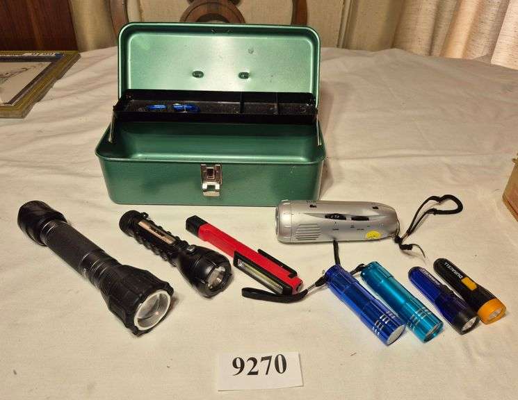 Vintage metal toolbox, flashlights - Mark Van Hook, Auctioneer