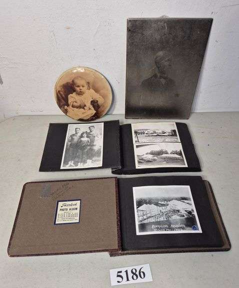 Two Circus photo albums, baby photo on pinback, portrait on metal plate ...