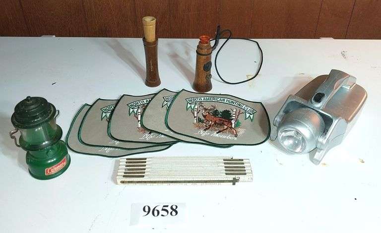 Duck calls, patches, flashlight tool kit, Avon Lantern, folding ruler ...